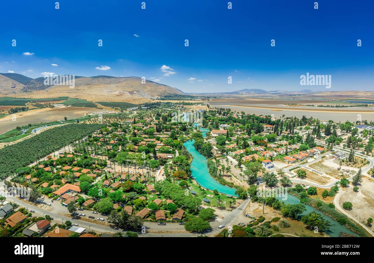 Aerial view of Nir David kibbutz in Emek Yisrael Northern Israel with ...