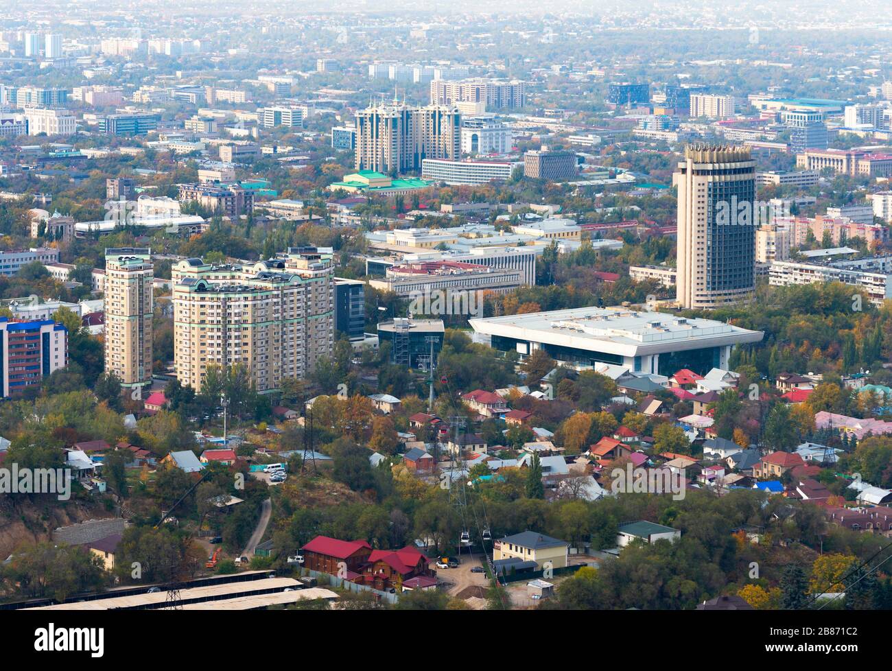 High angle view of Almaty, Kazakhstan showing some traditional ...