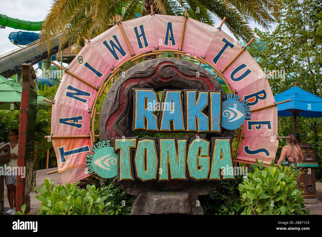Orlando, Florida. March 10, 2020. Taniwha Tubes Raki Tonga sign at ...