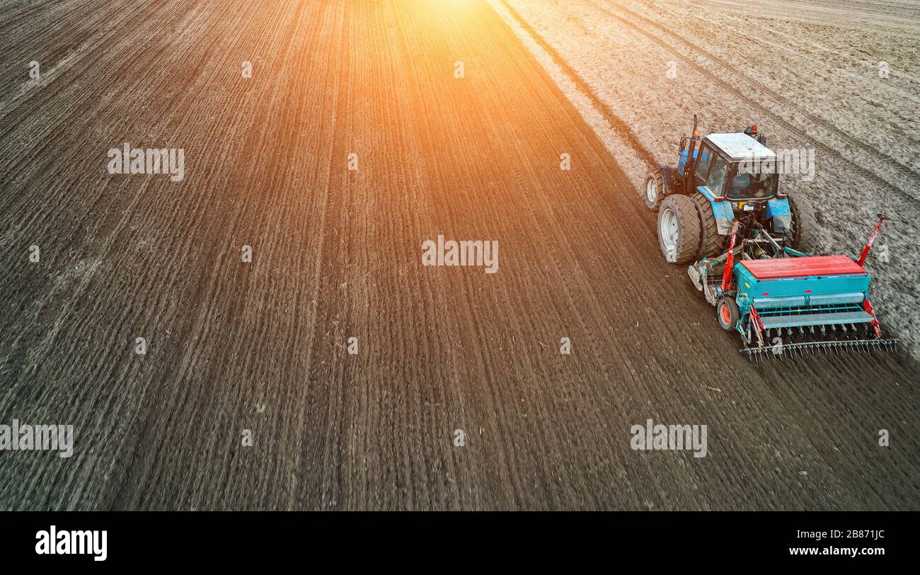 Aerial view of the tractor in the field, agricultural field work ...