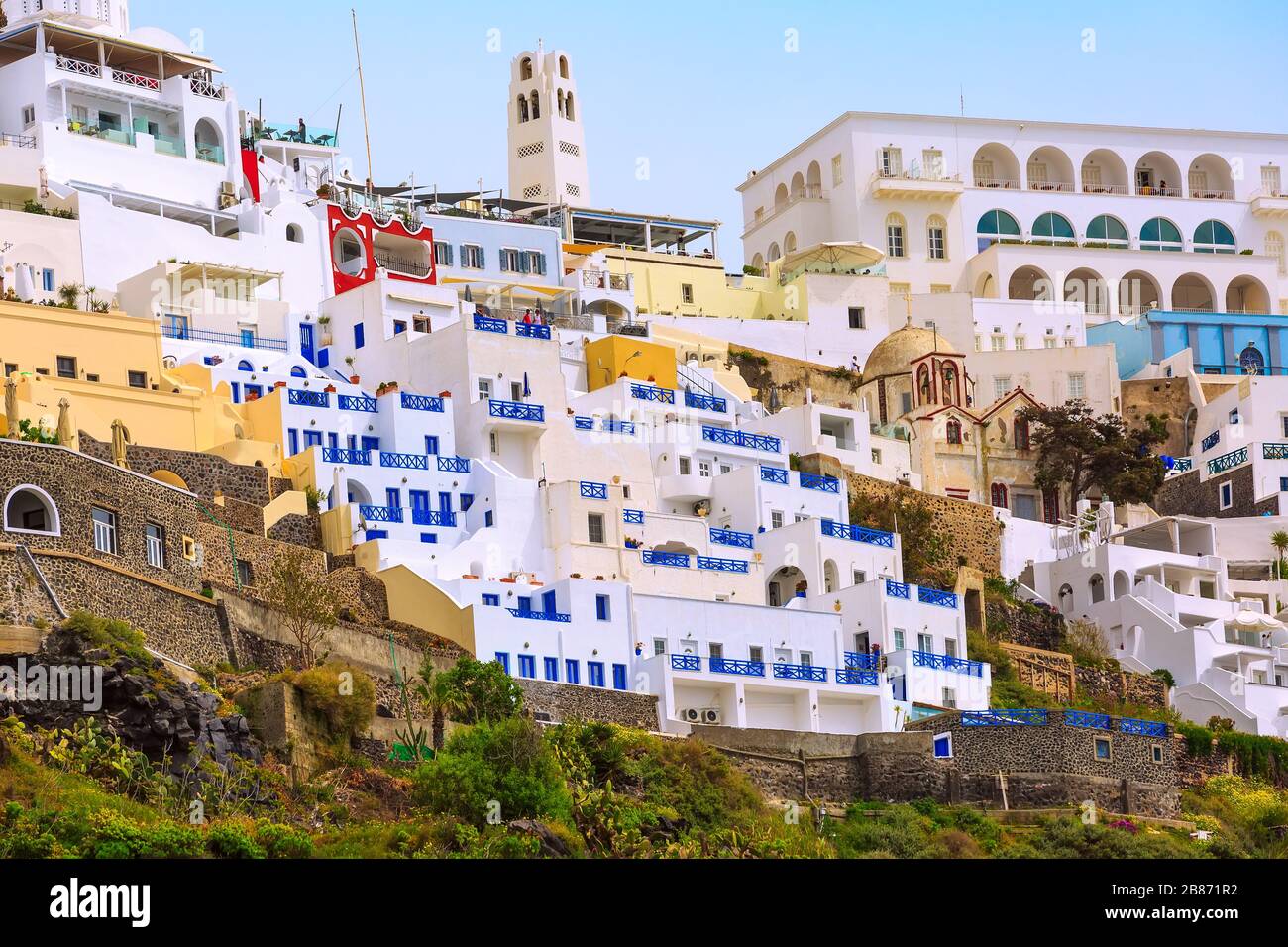 Fira or Thira, Santorini Island, Greece panoramic view with white and ...