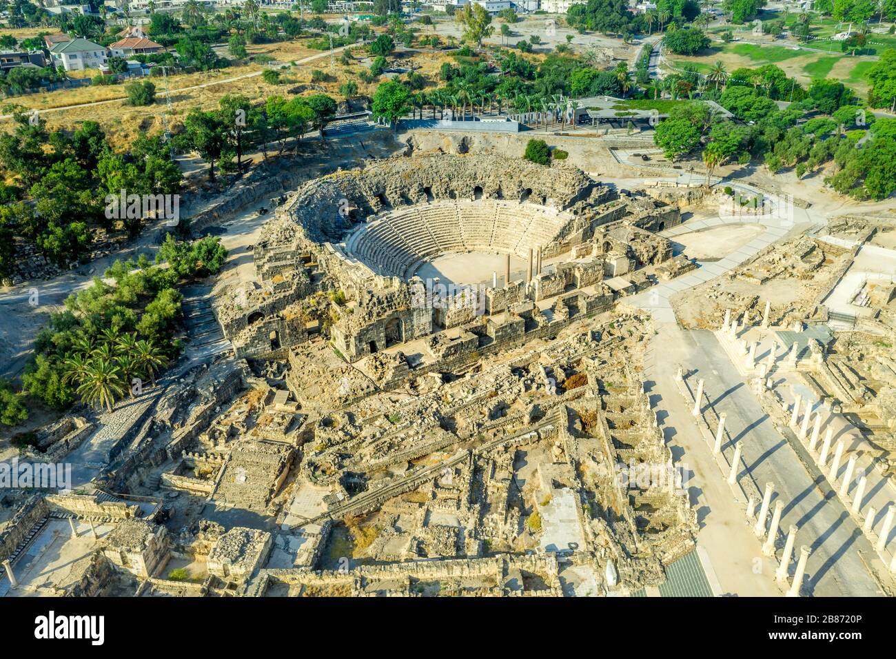 Aerial view of the extensive Roman ruins of ancient Beit Shean in ...