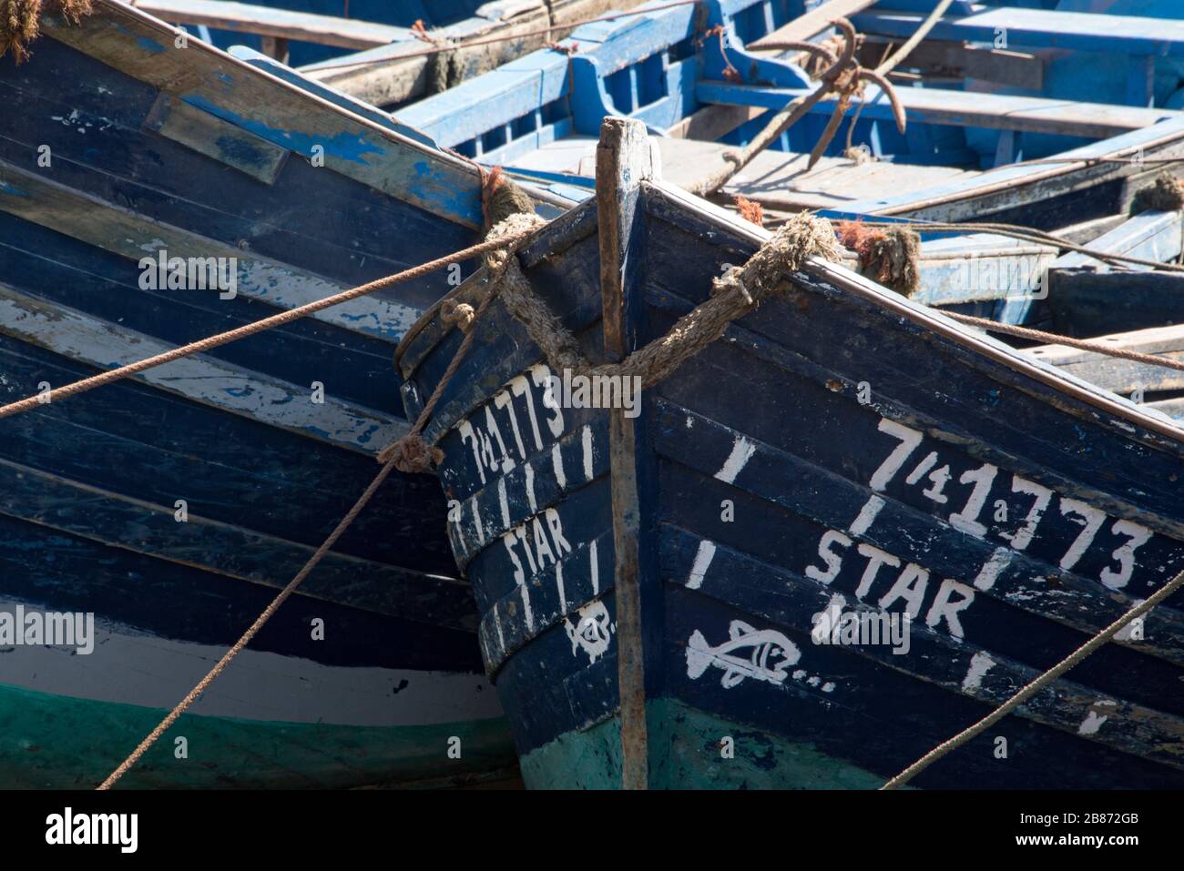 Essaouria, Morocco - September 2017: jumble of small blue fishing bats ...