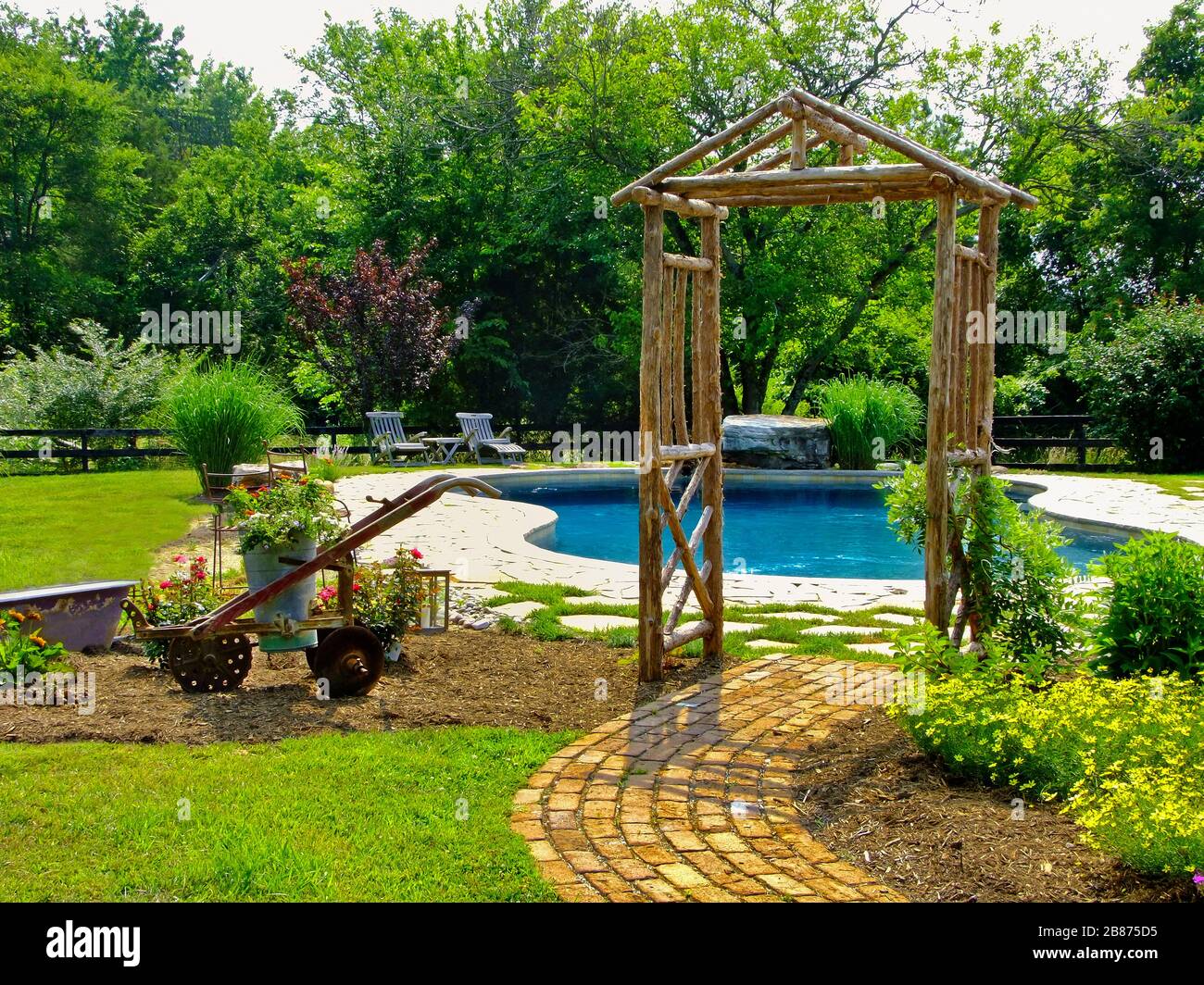 Cottage style garden arbor , path to pool Stock Photo - Alamy