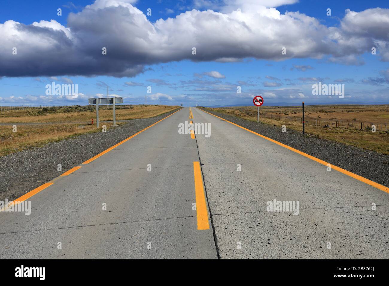 View of the Route 9 road, near Punta Arenas city, Patagonia, Chile ...