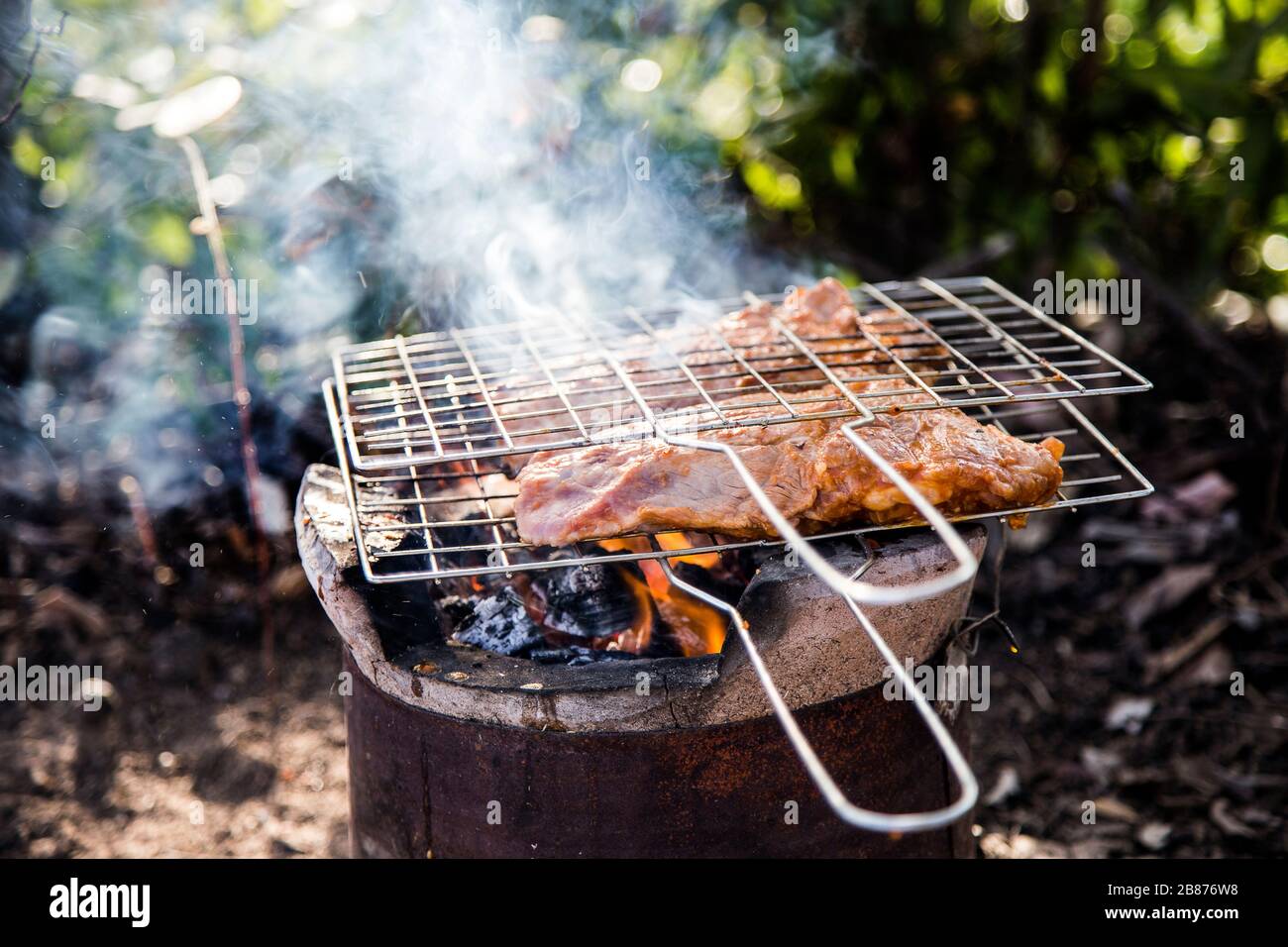 grill pork on iron net barbecue outdoor park with hot coal Stock Photo ...