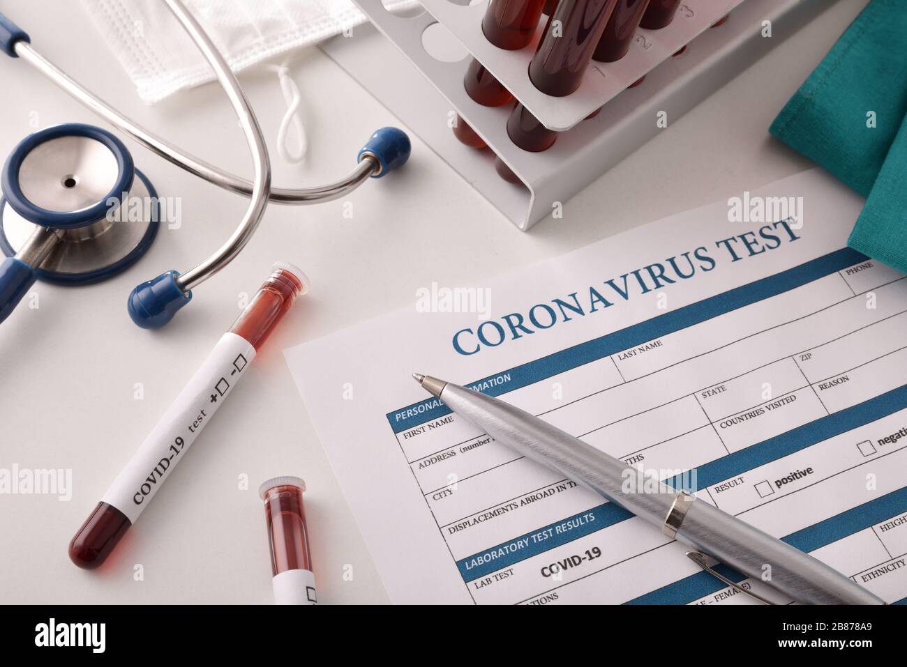 Laboratory bench with blood samples for coronavirus analysis and ...