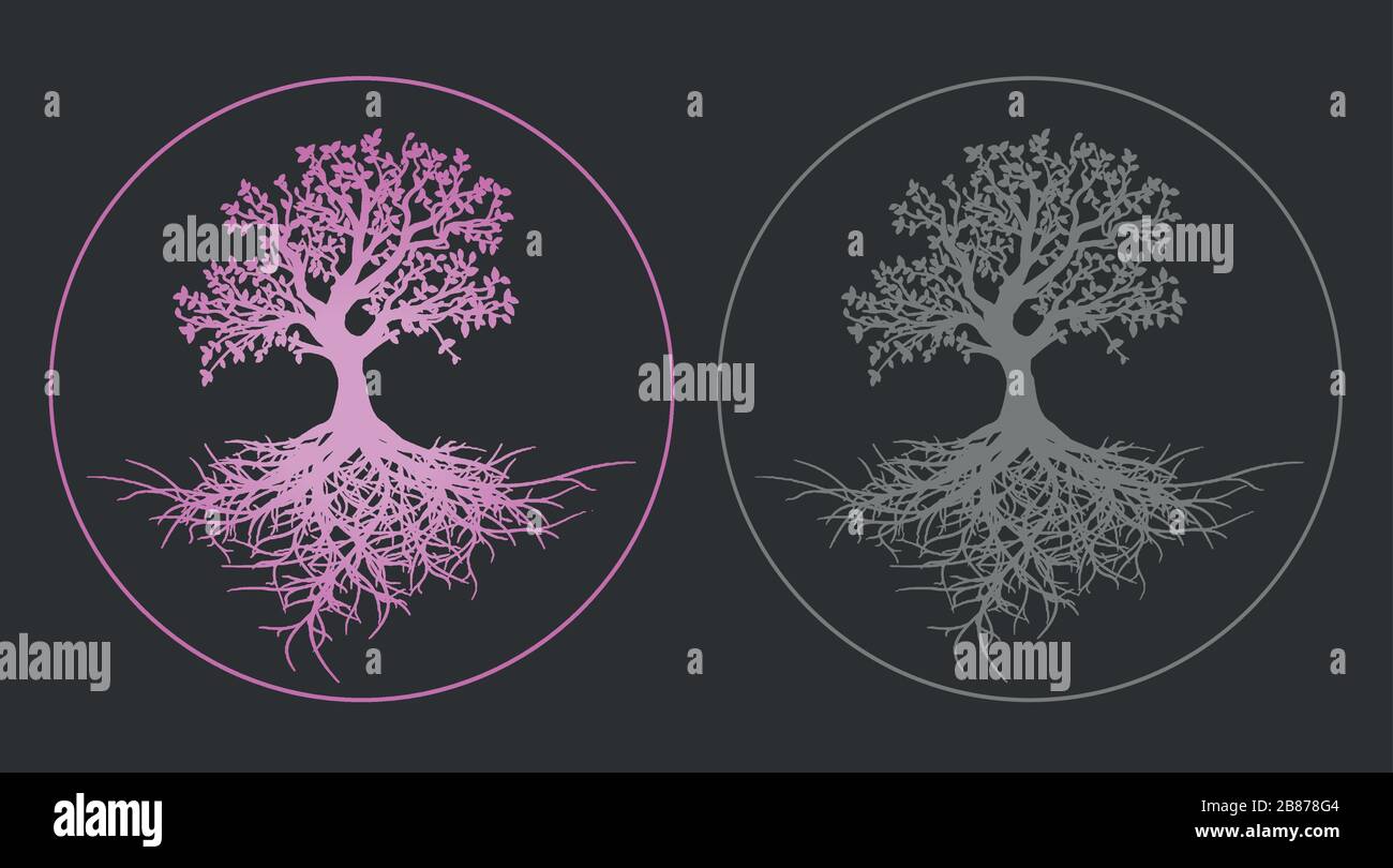 Beautiful set of life tree set pink gradient and gray tree silhouette ...