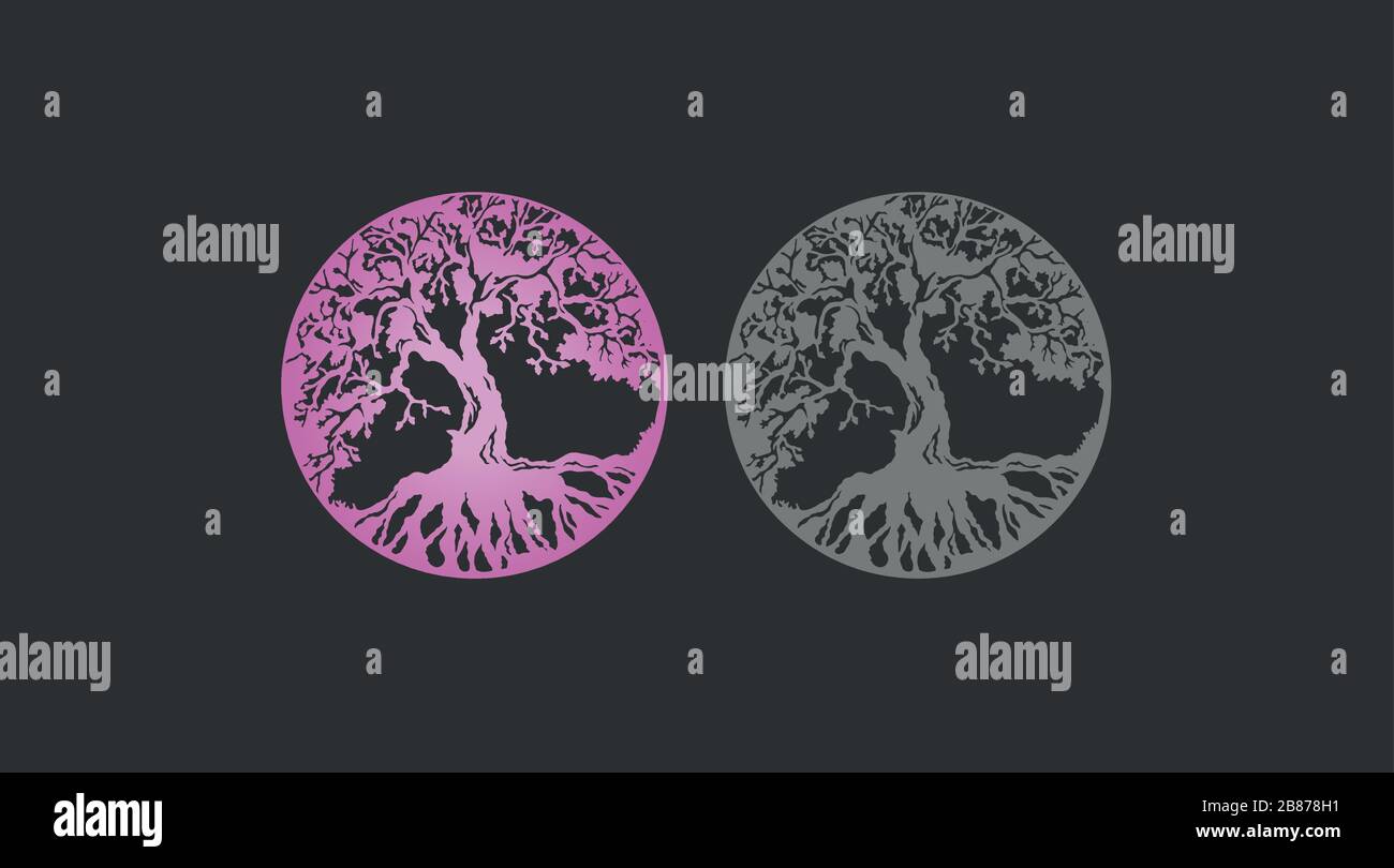 Beautiful set of the tree of life pink gradient and gray silhouette of ...