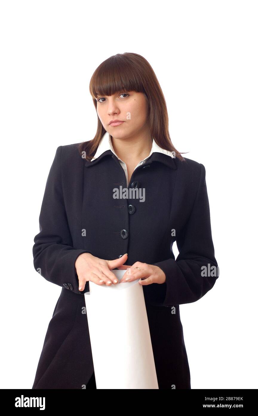 Adorable young standing caucasian white woman holds paper sheet and ...