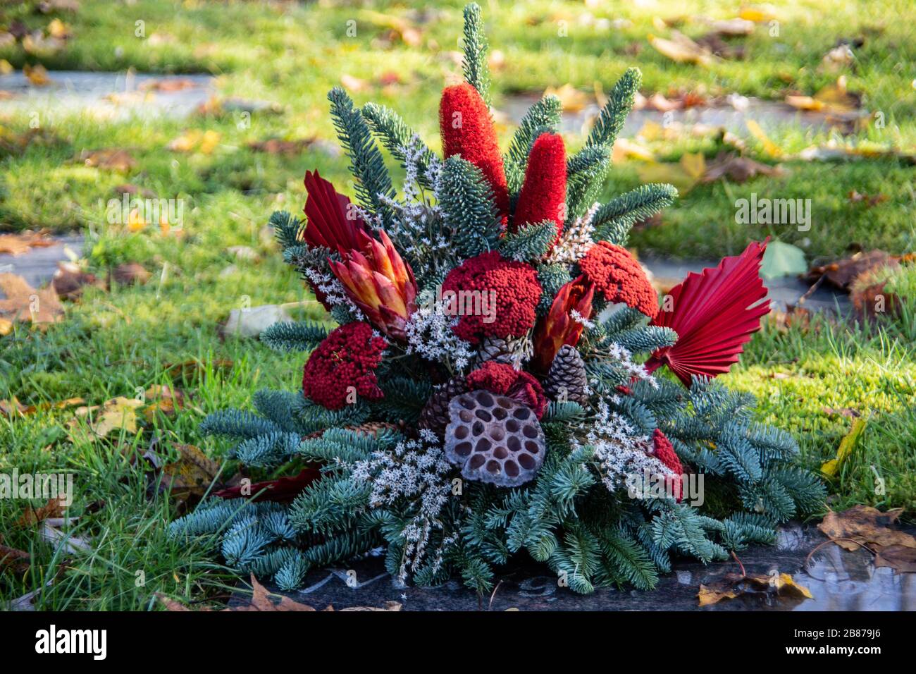 red colorful cemetery decorations on the meadow Stock Photo - Alamy