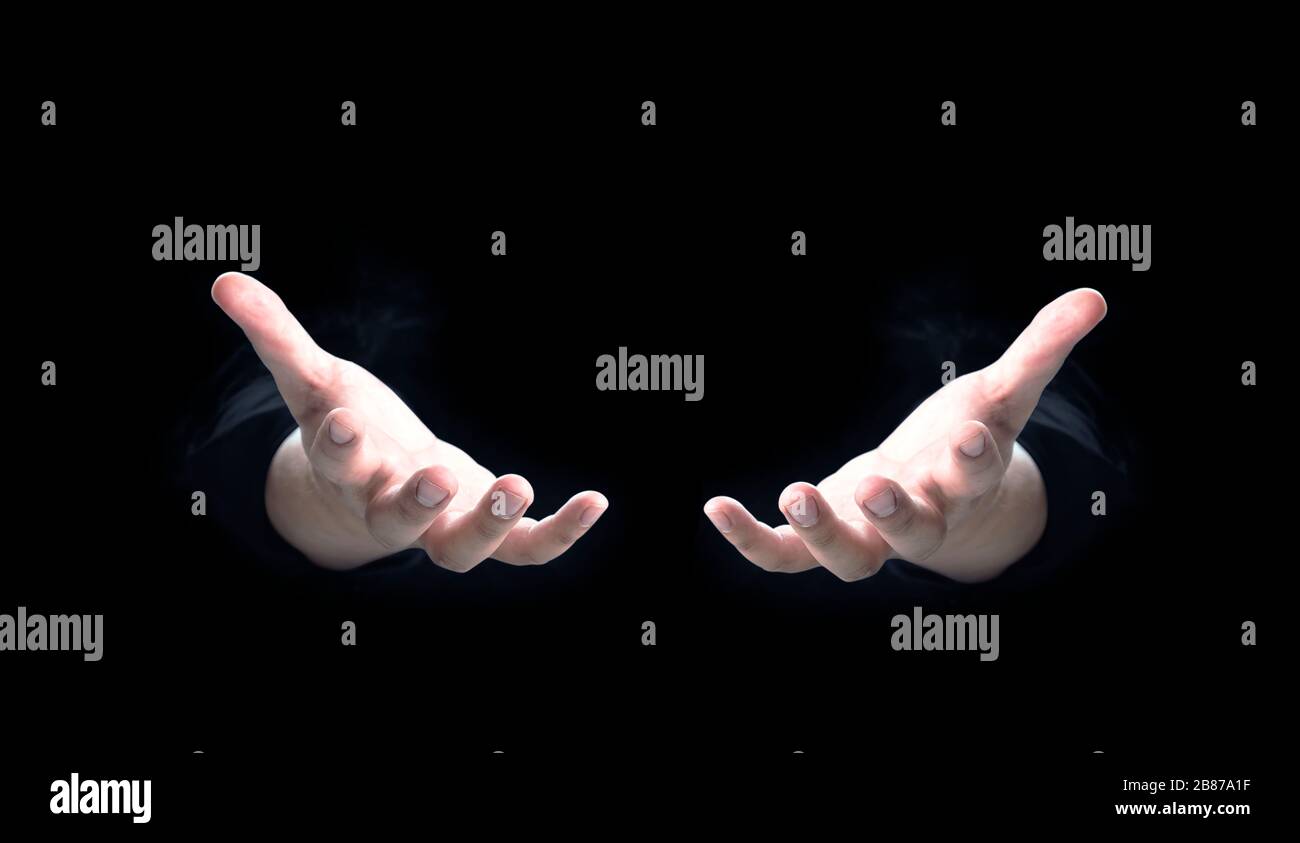 open human hand on dark background for present idea object on copy ...