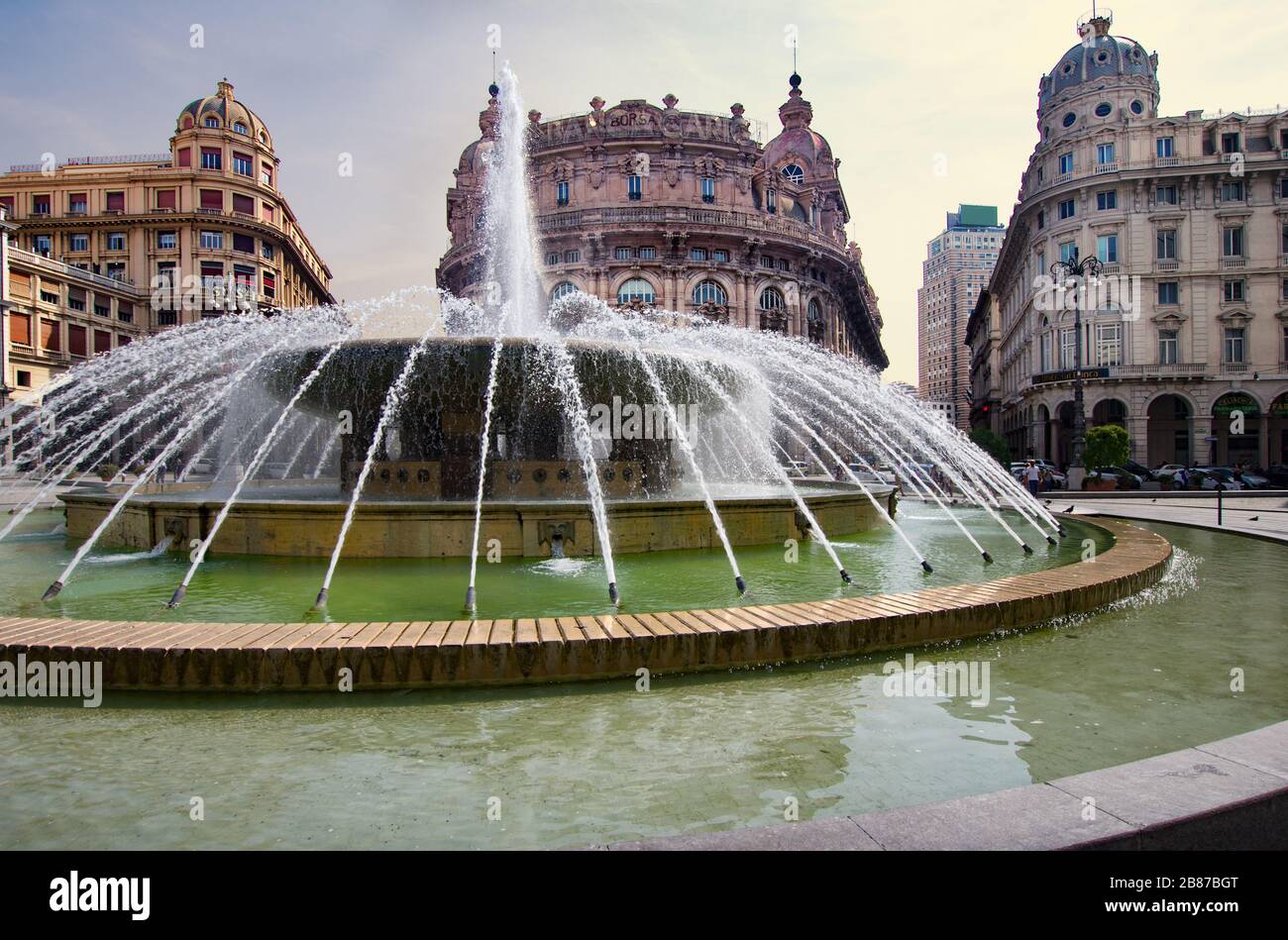 the period buildings and the round fountain in De Ferrari Square, the ...