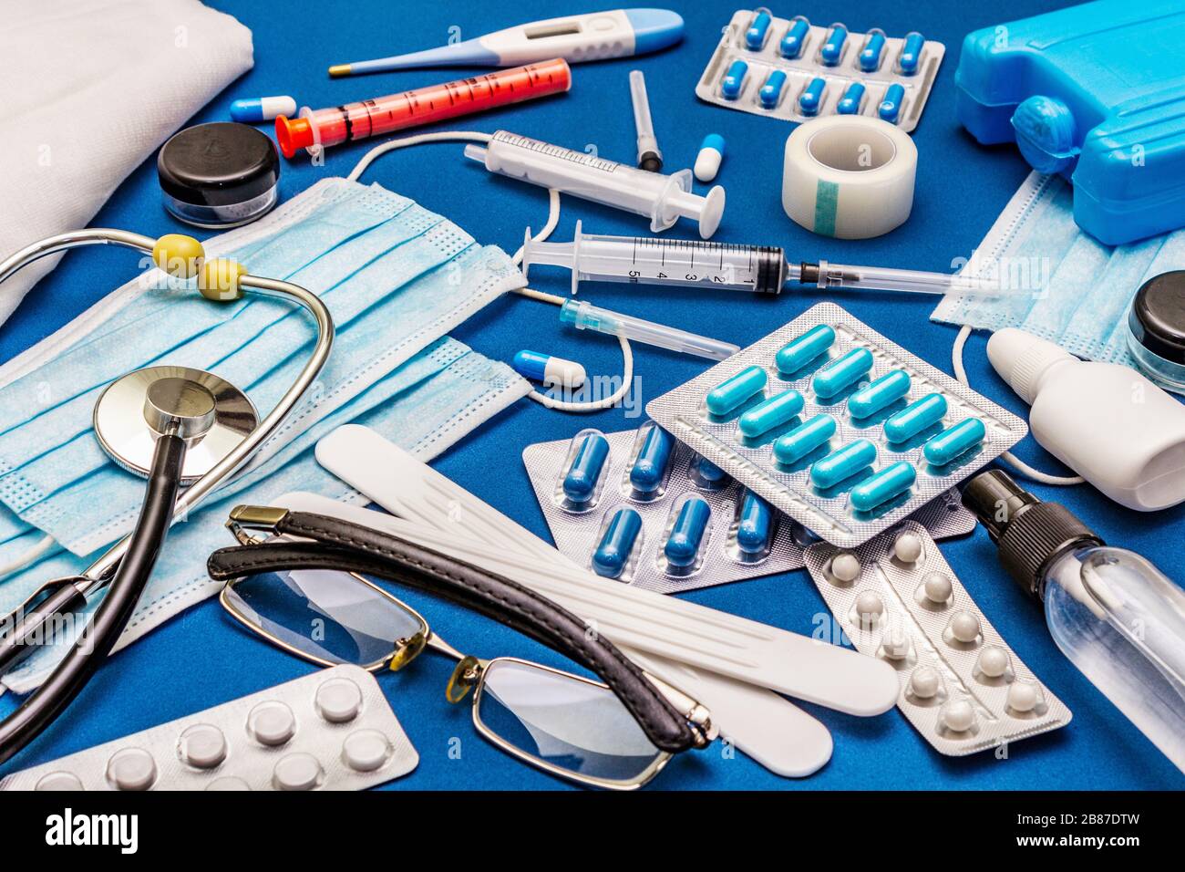 Set of diverse medical items. Means for the prevention, personal ...