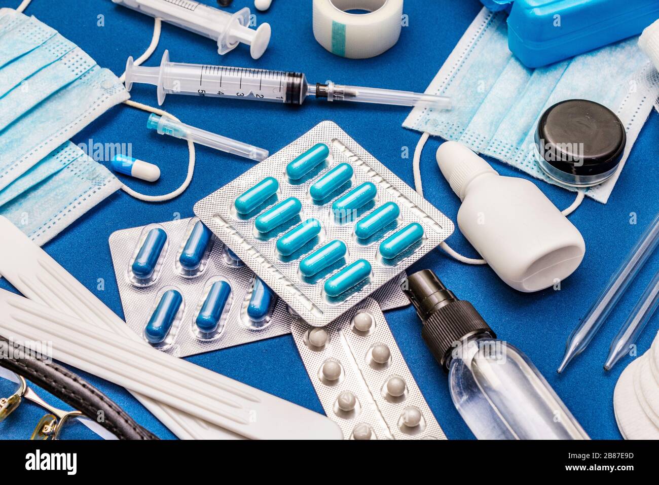 Set of diverse medical items. Means for the prevention, personal ...