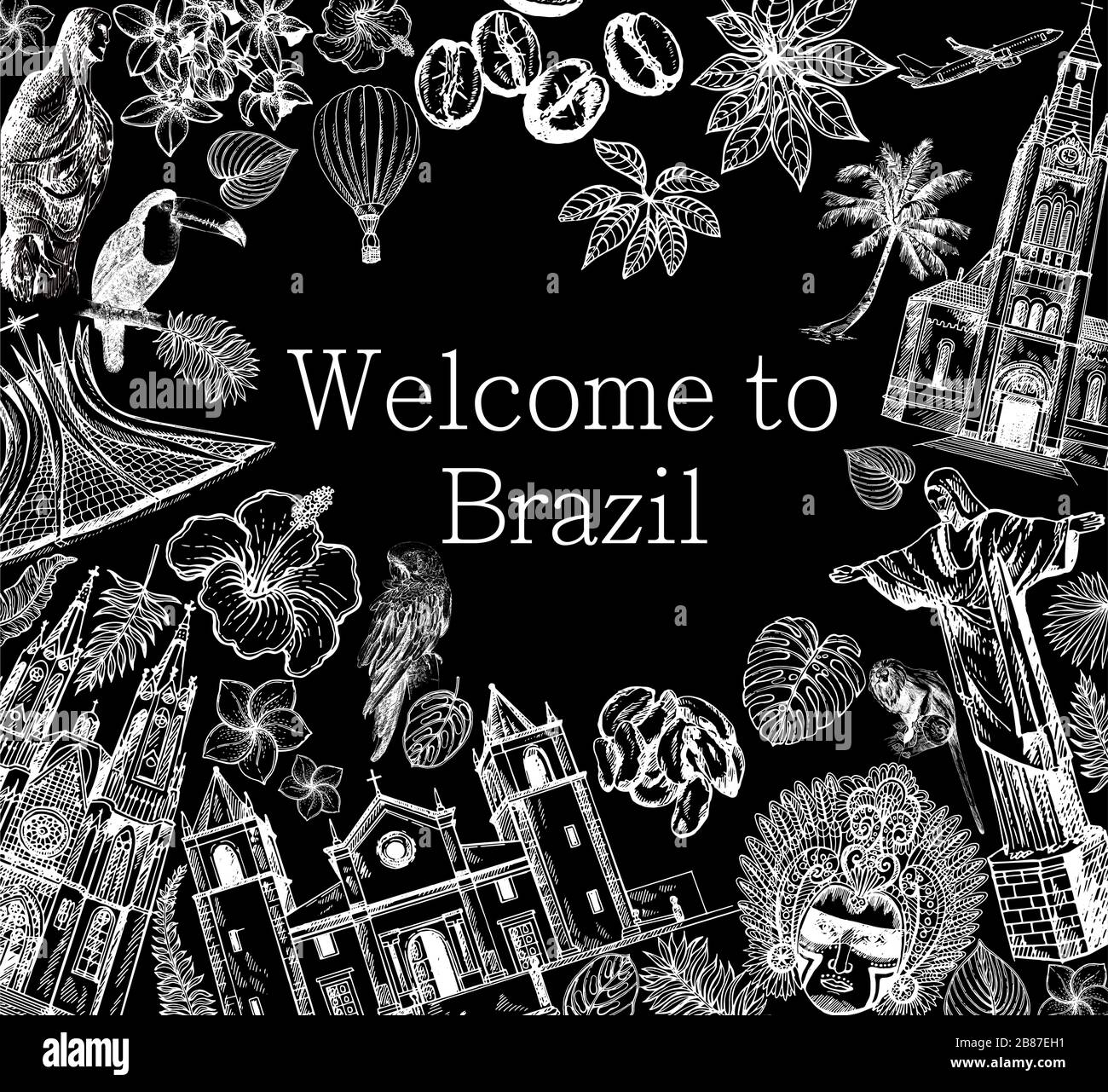 Poster card composition of hand drawn sketch style Brazil related ...