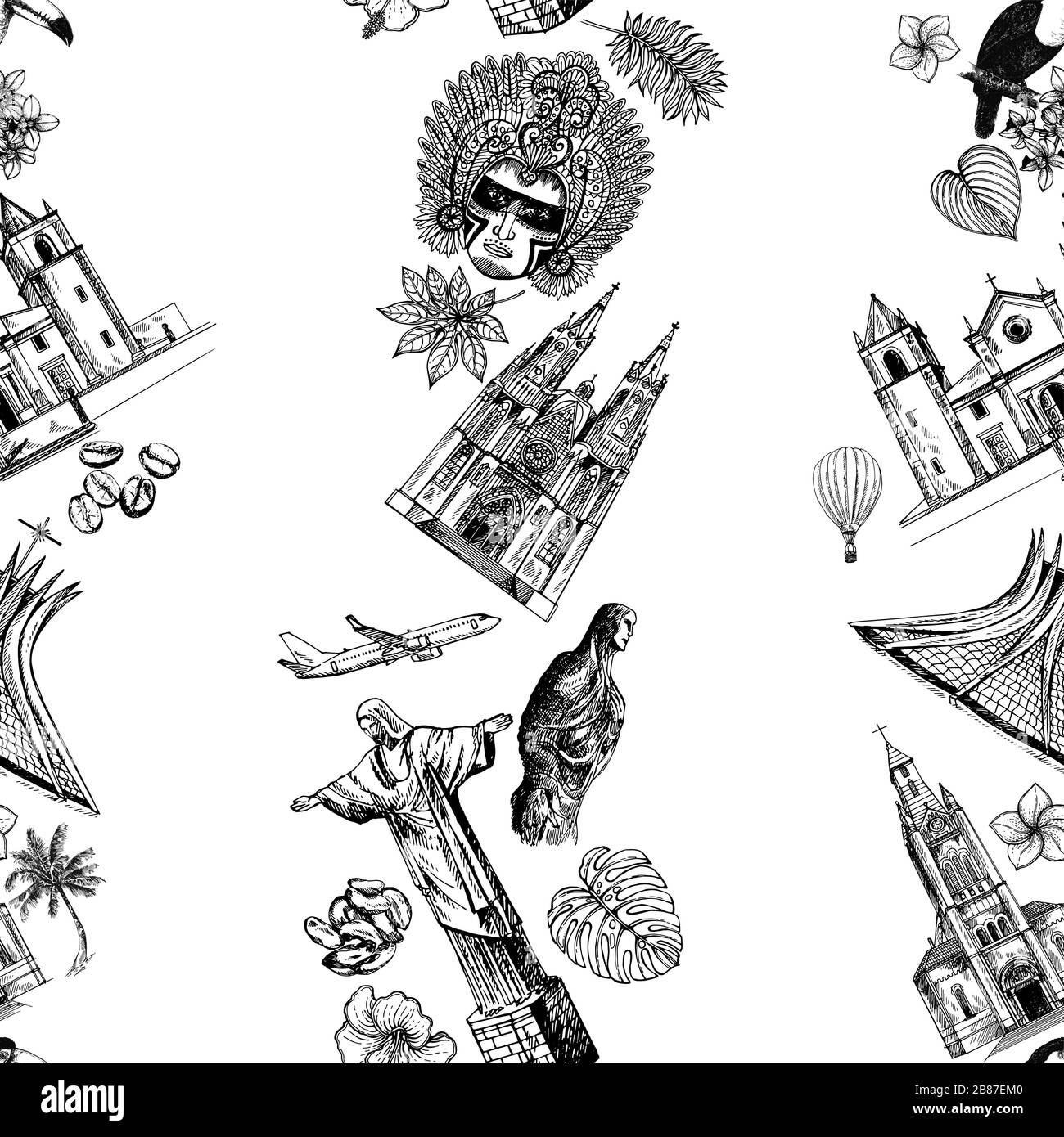 Seamless pattern of hand drawn sketch style Brazil related objects ...