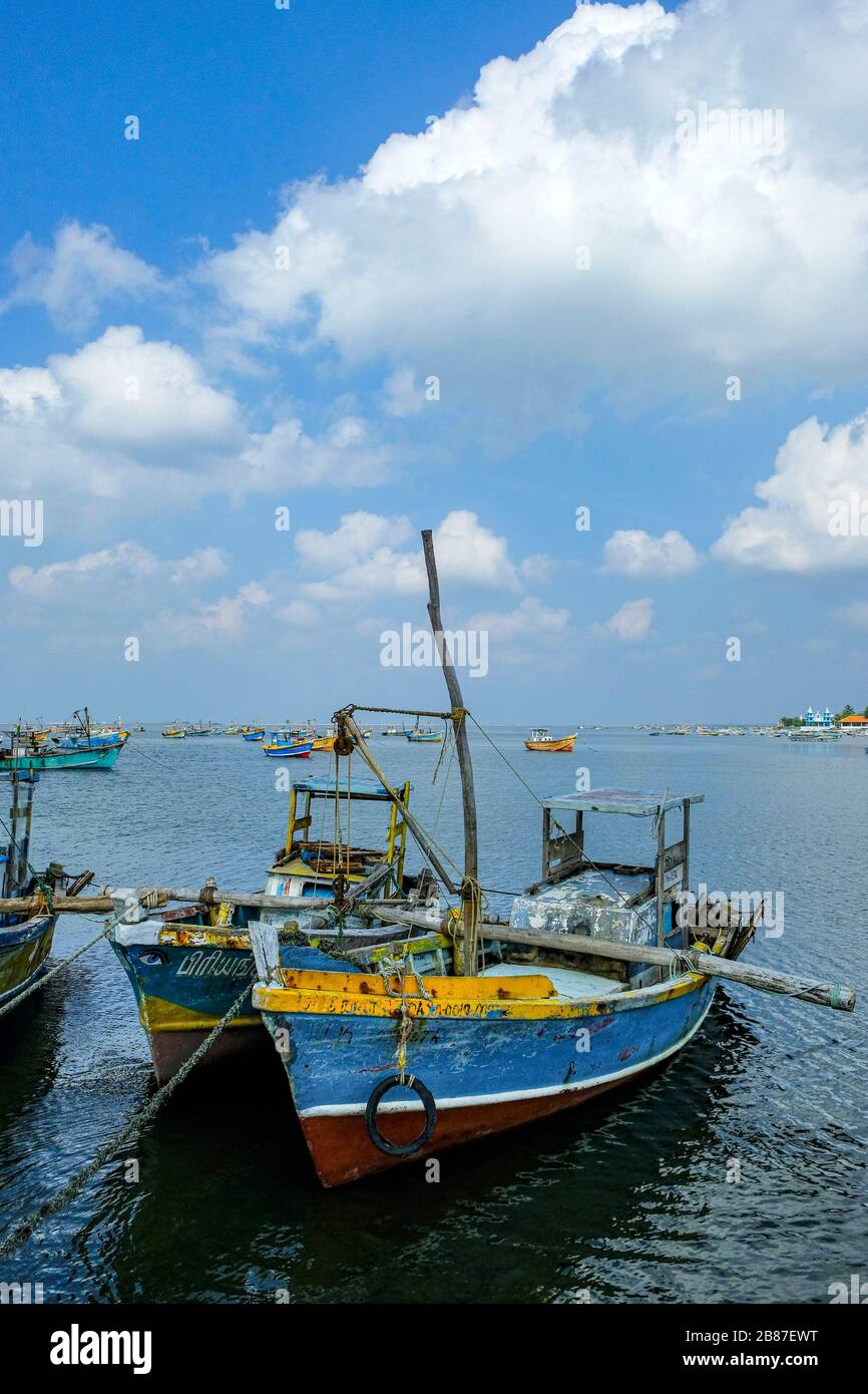 Jaffna, Sri Lanka - February 2020: Fishing boats in the fishing district of Jaffna on February ...