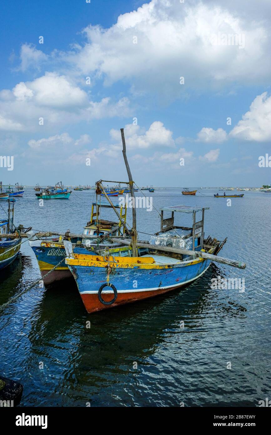 Jaffna, Sri Lanka - February 2020: Fishing boats in the fishing district of Jaffna on February ...
