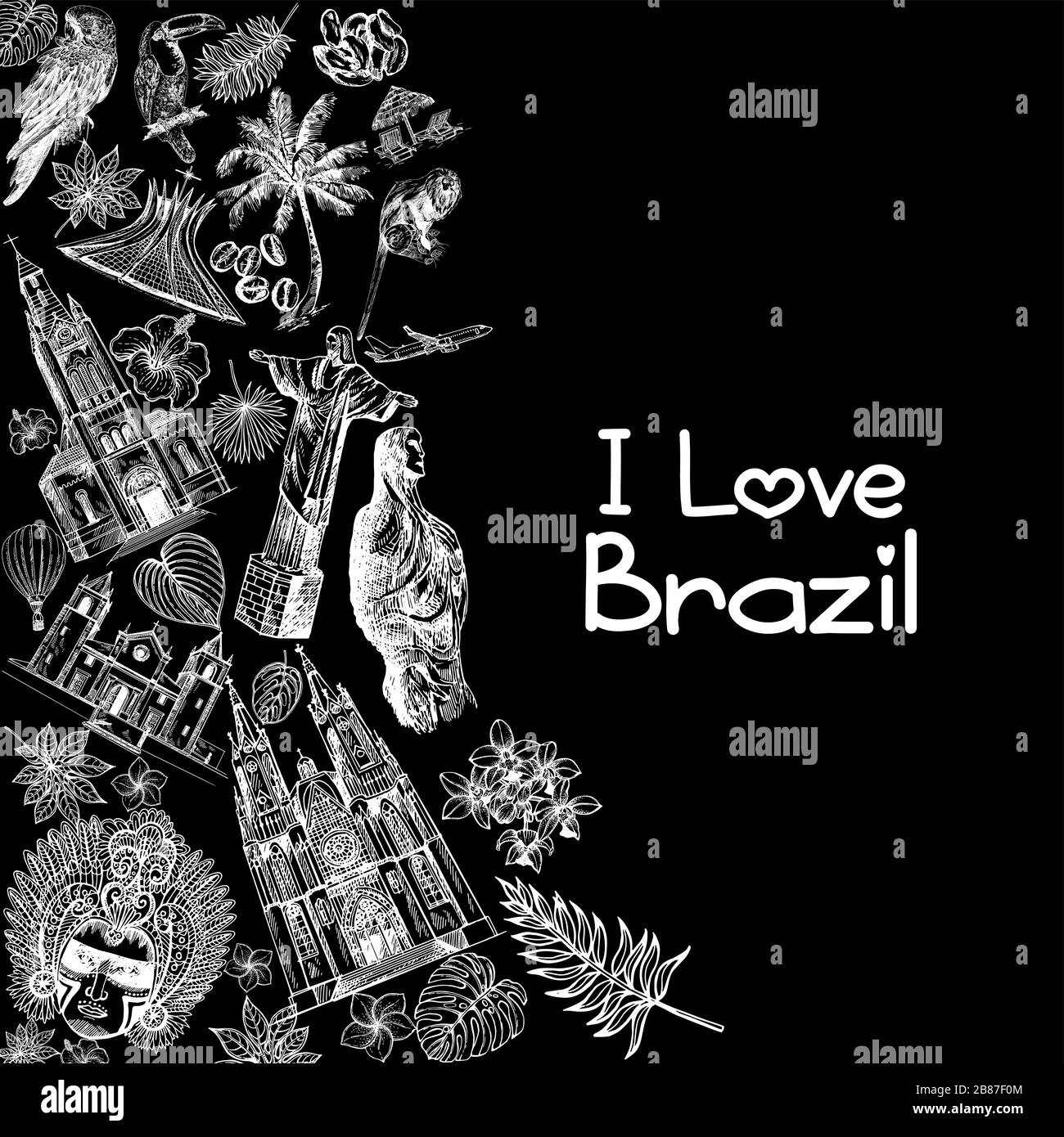 Poster card composition of hand drawn sketch style Brazil related objects isolated on black ...