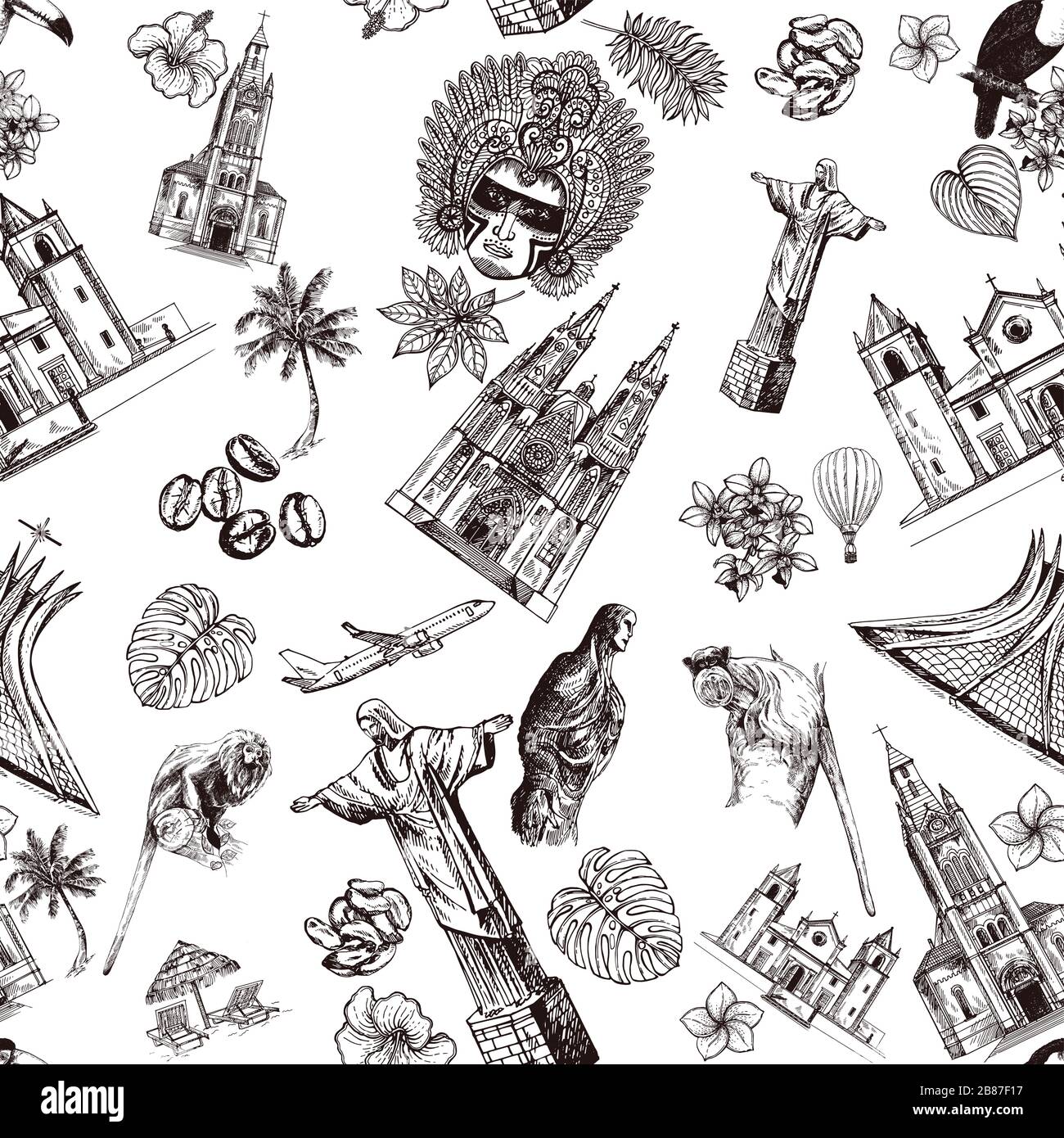 Seamless pattern of hand drawn sketch style Brazil related objects ...