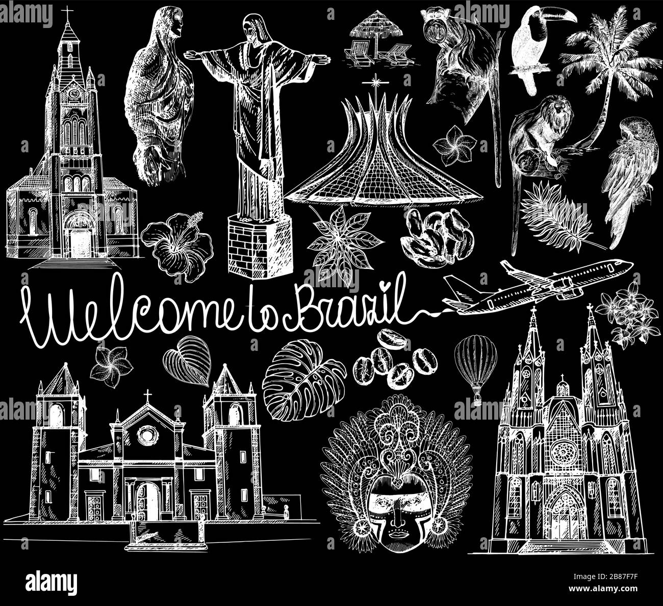 Set of hand drawn sketch style Brazil related objects isolated on black background. Vector ...