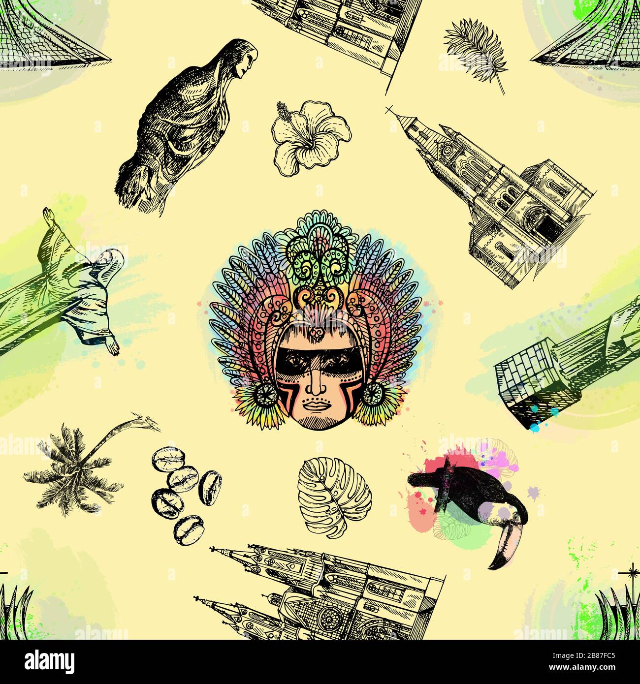 Seamless pattern of hand drawn sketch style Brazil related objects ...