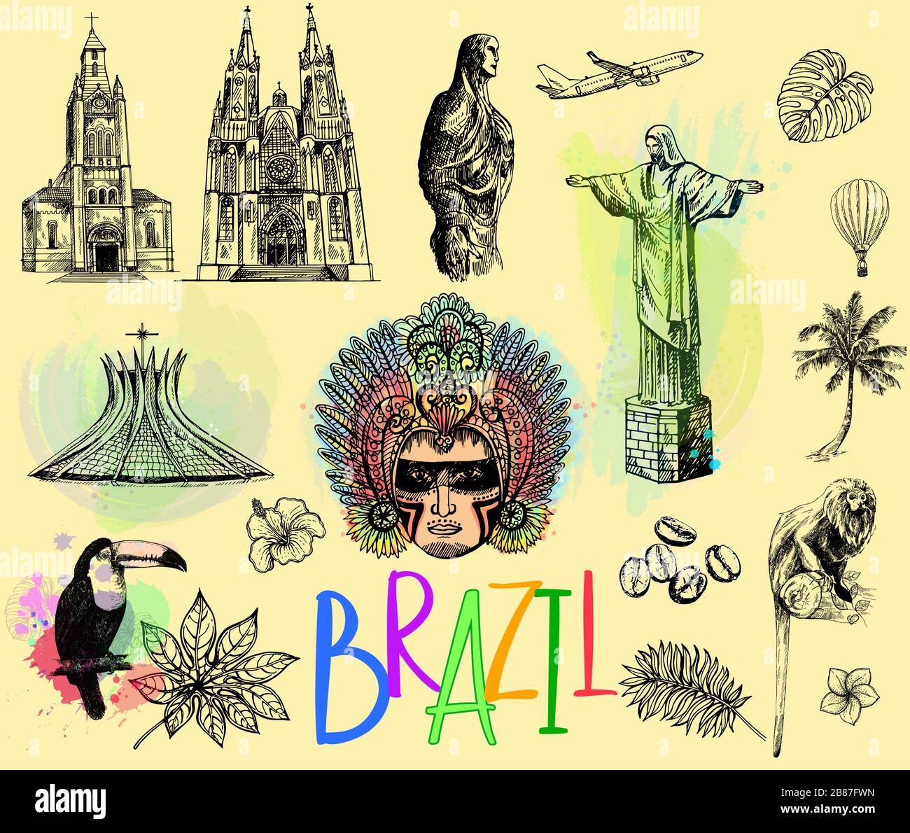 Set of hand drawn sketch style Brazil related objects isolated on ...