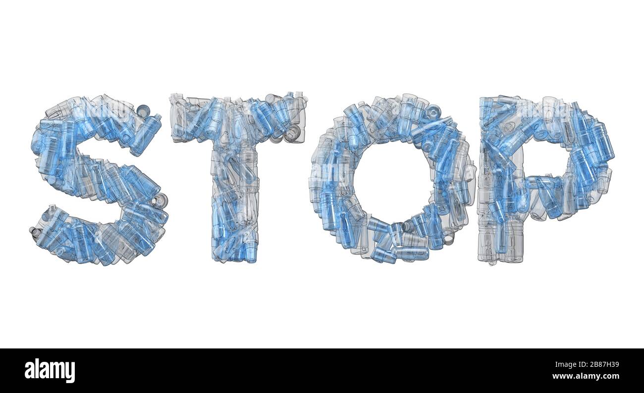 Stop word spelt out in empty plastic bottle font Stock Photo - Alamy