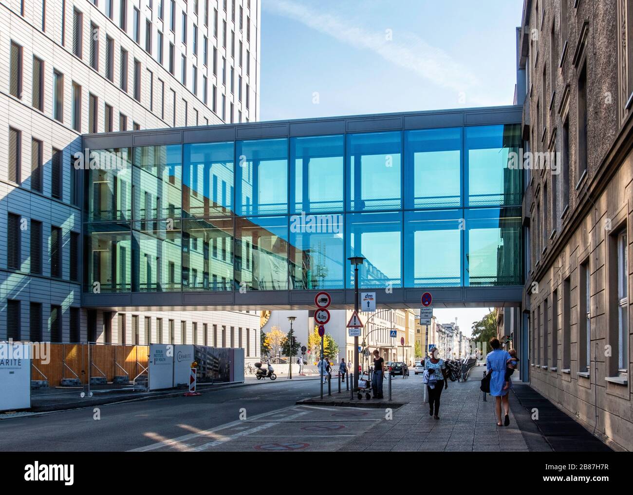 Glass walkway connecting buildings on Charite Hospital campus, Mitte ...