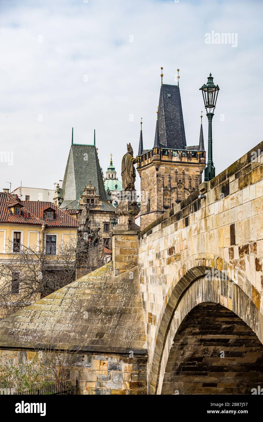 Prague, Czech republic - March 19, 2020. Malostranska mostecka tower as ...