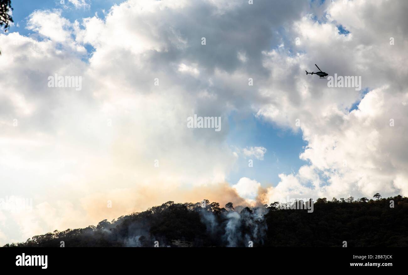 helicopter hovering over forest fire, dropping water into the flames ...