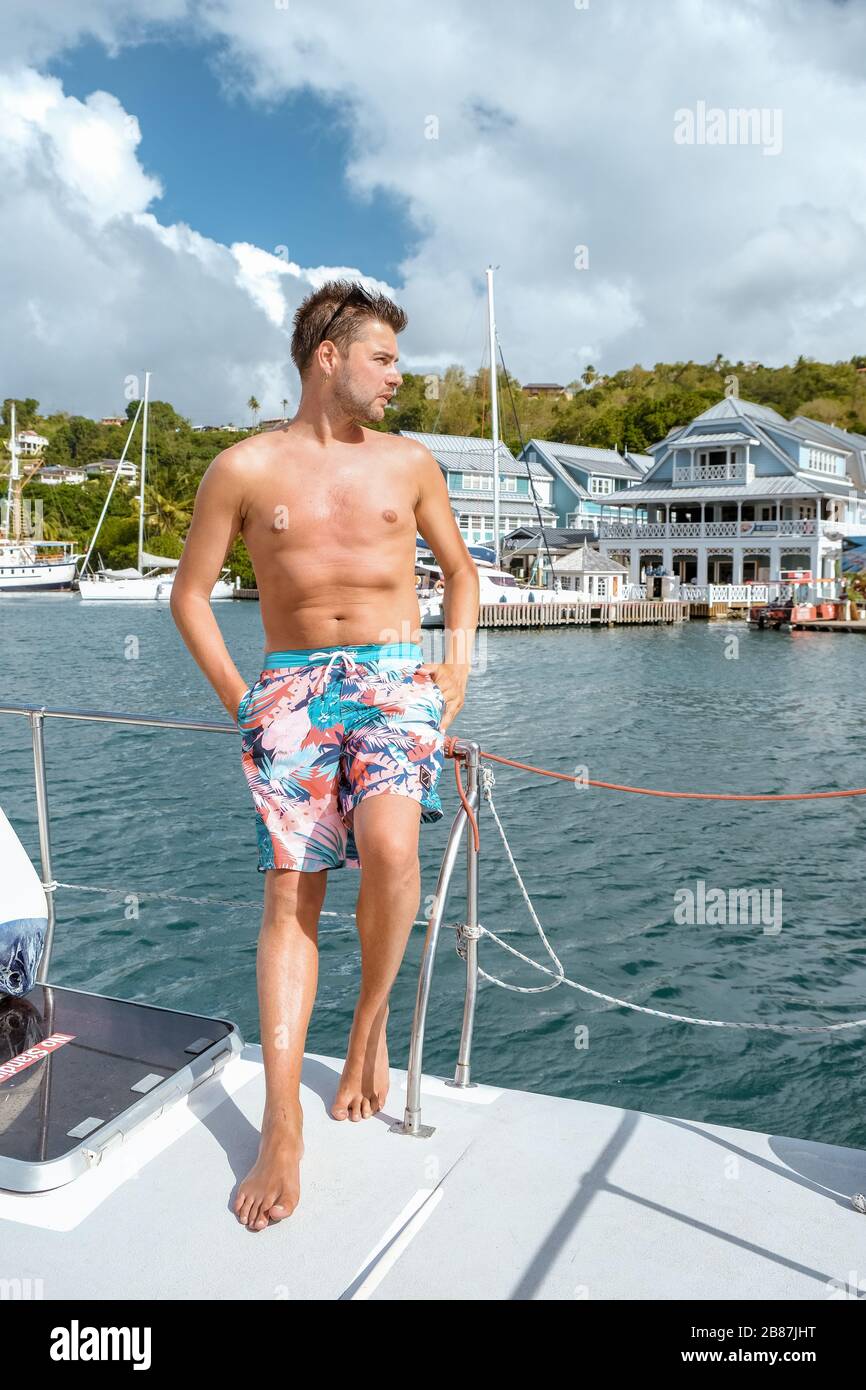 St Lucia caribbean sea, young guy on vacation at the tropical island ...