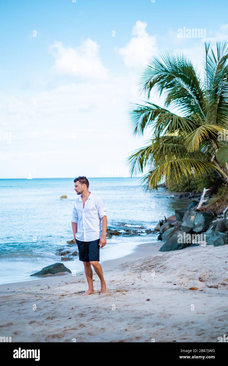 St Lucia caribbean sea, young guy on vacation at the tropical island ...