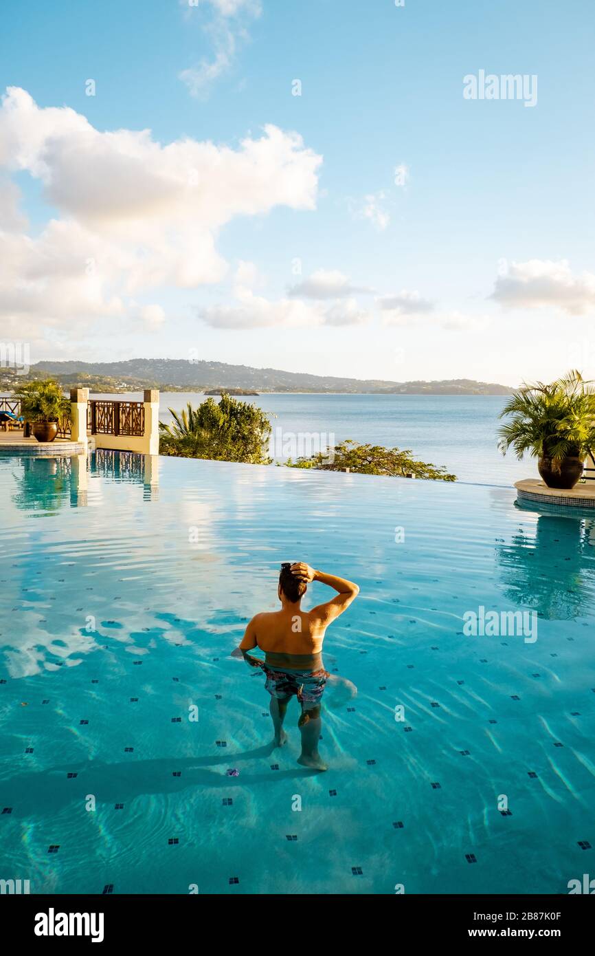 St Lucia caribbean sea, young guy on vacation at the tropical island ...