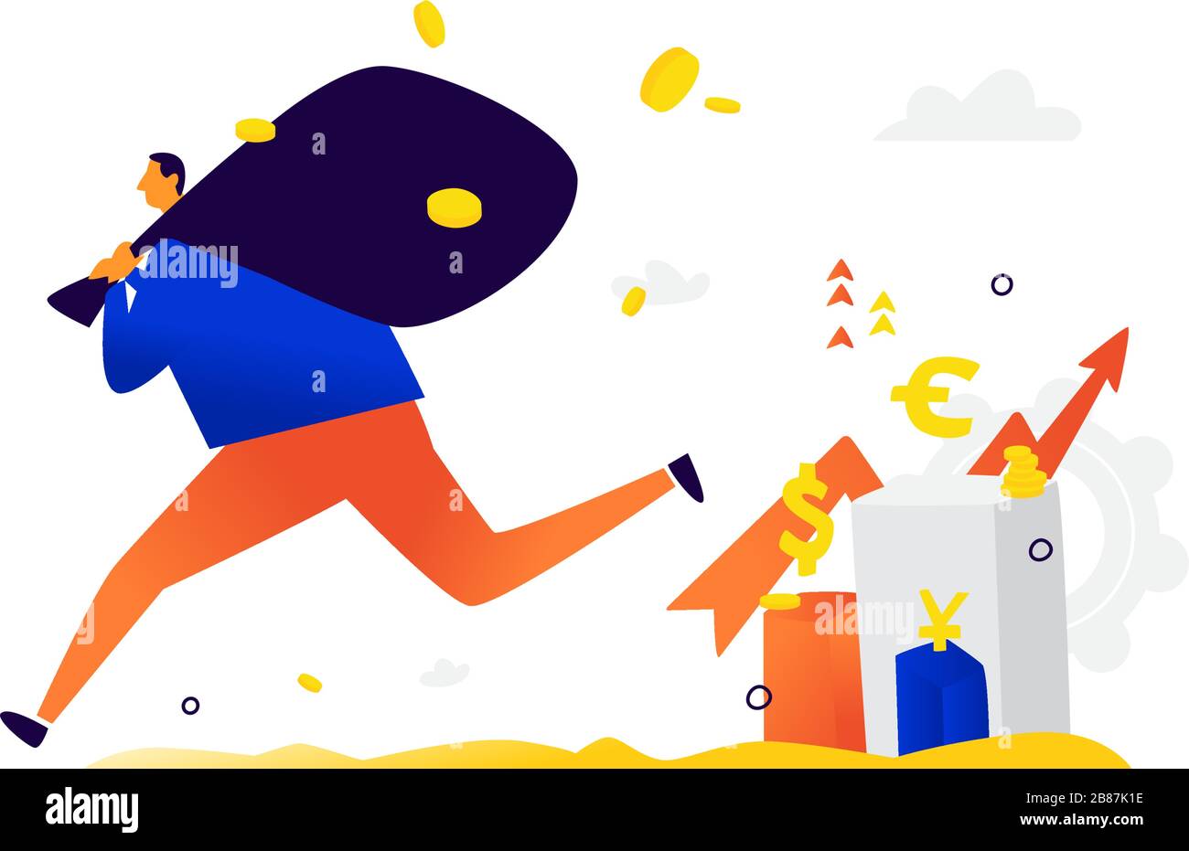 Illustration of a little man running away with investor income. The ...