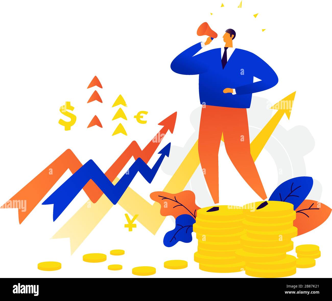 Illustration of a businessman speaking into a megaphone. Vector. The ...