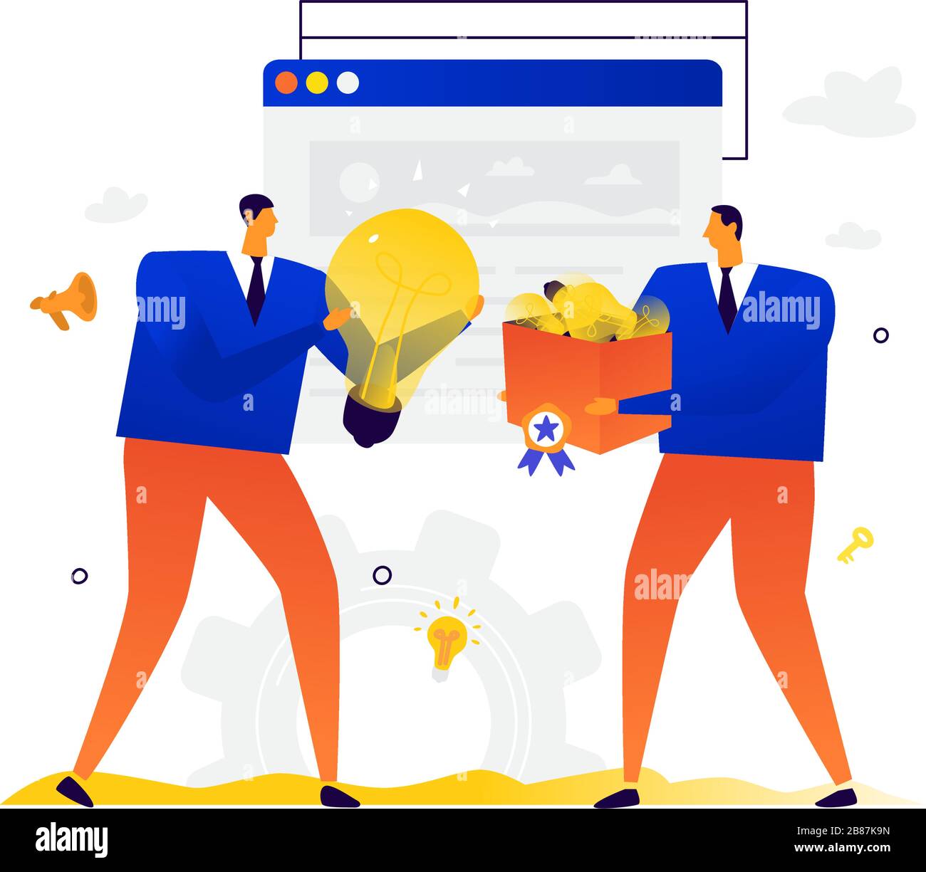 Illustration of businessmen exchanging ideas. Vector. Metaphor. Buying ...