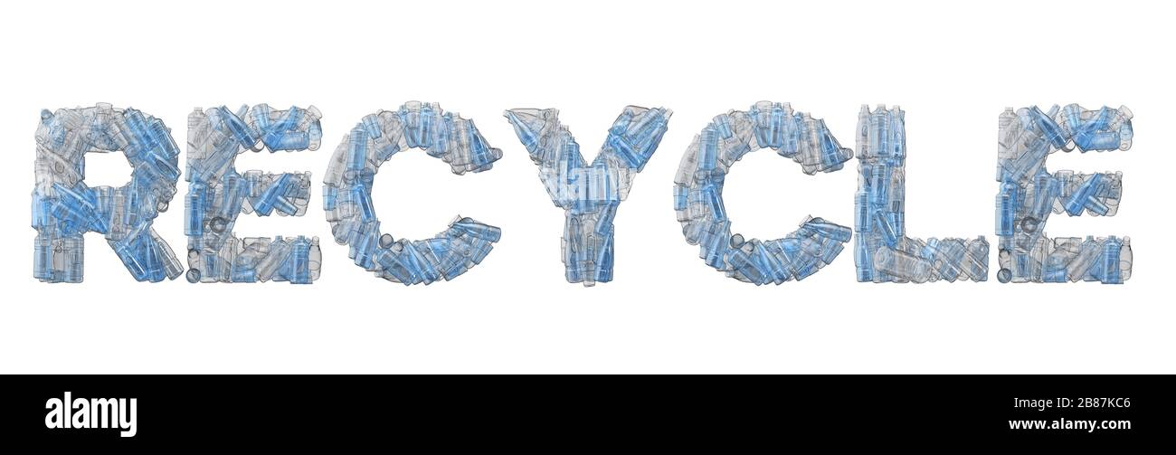 Recycle word spelt out in empty plastic bottle font Stock Photo - Alamy