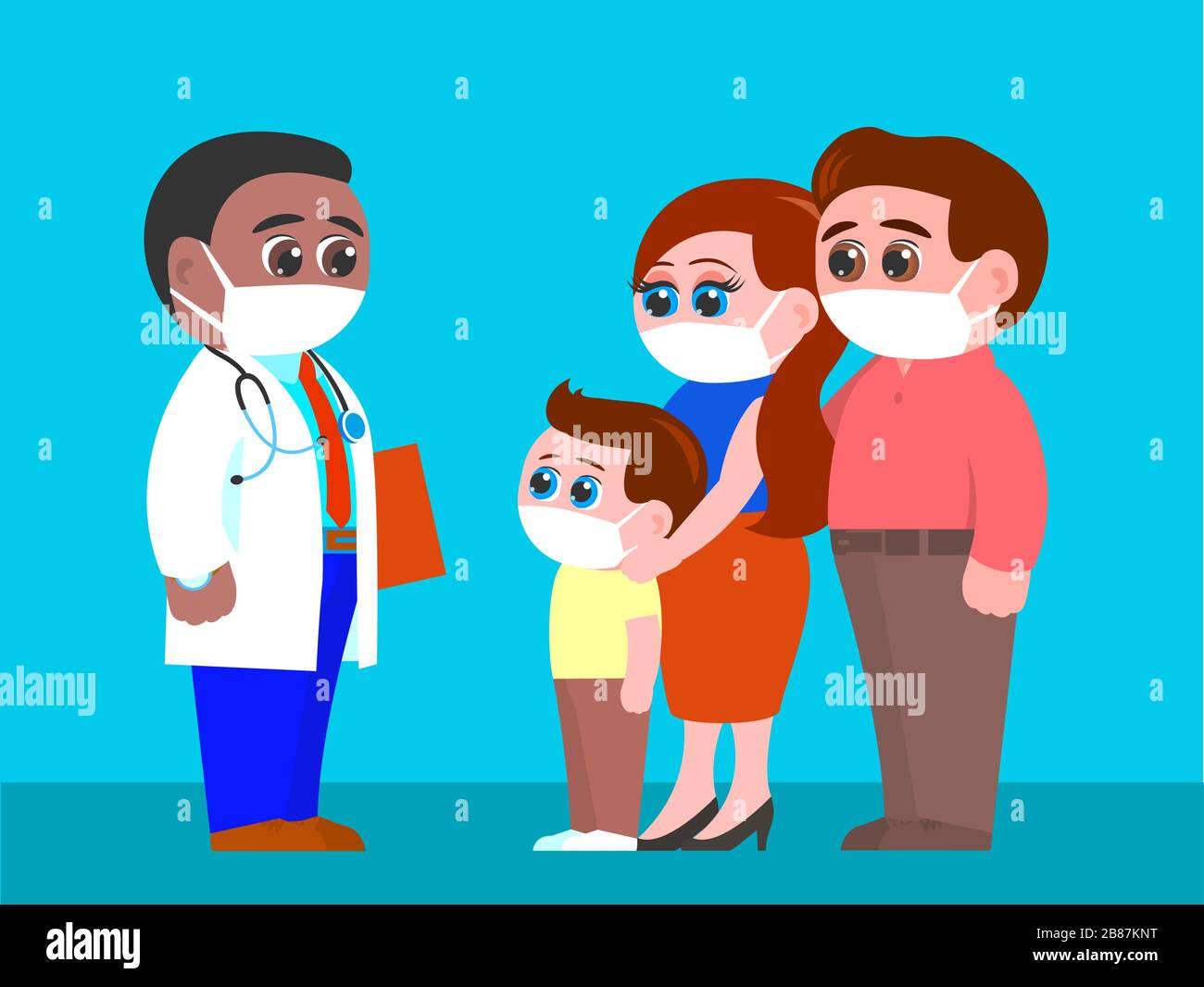 Doctor and masked family during an epidemic. Father, mother and little ...