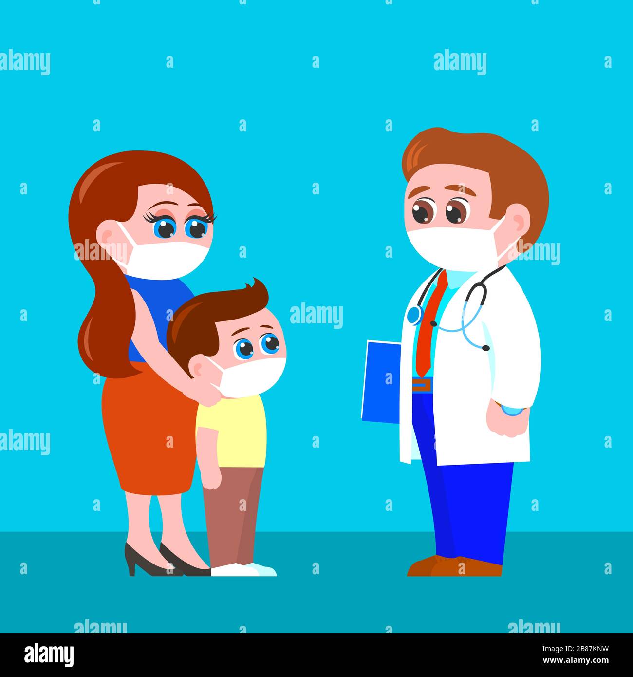Doctor and masked family during an epidemic. Mother and little son ...