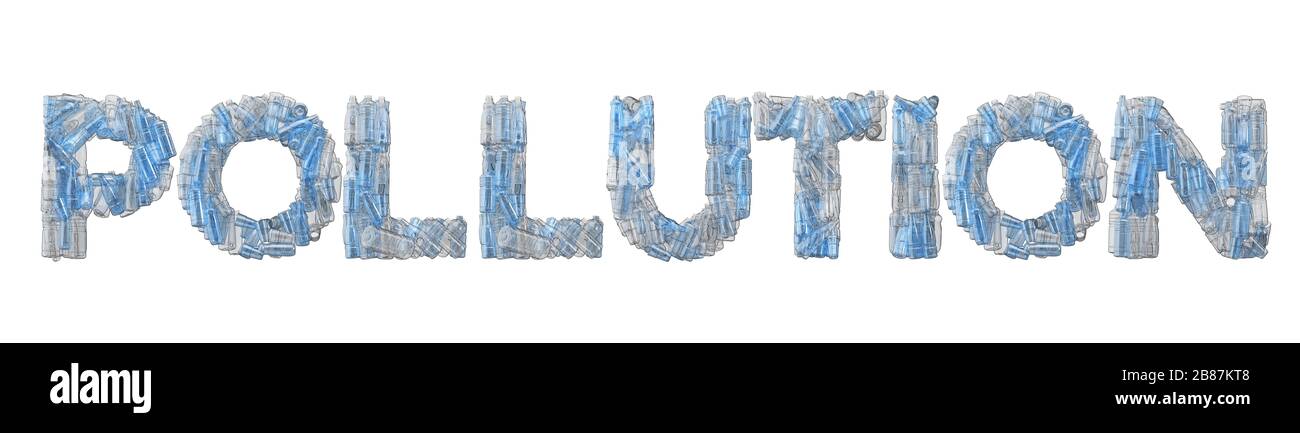 Pollution word spelt out in empty plastic bottle font Stock Photo - Alamy