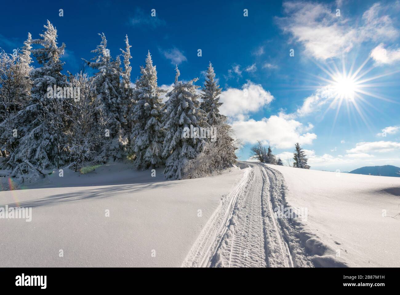 Stunning and picturesque landscape of trodden winter paths on a snowy ...
