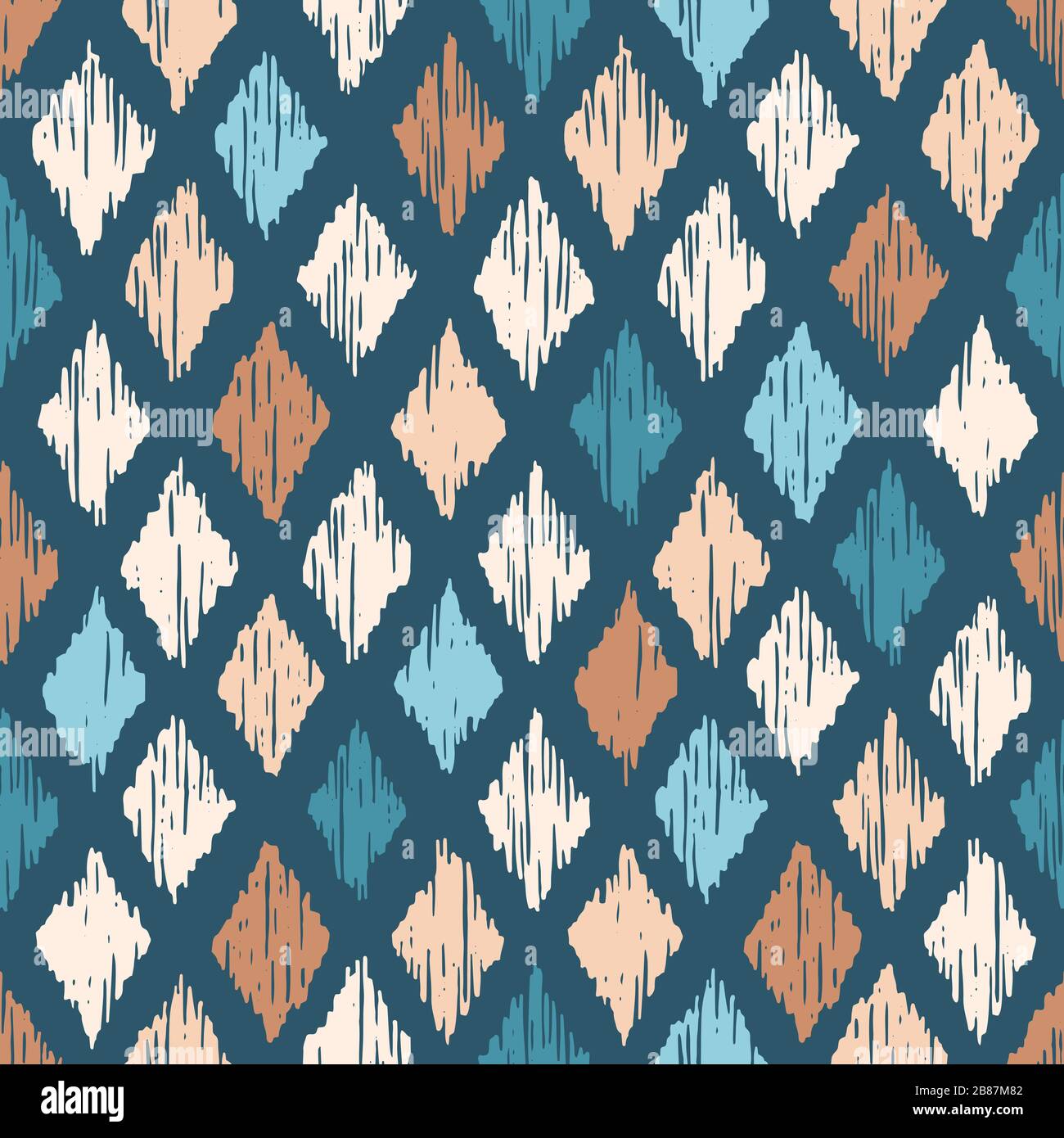 Hand-Drawn Blue, Beige Colored Ikat Diamonds Vector Seamless Pattern ...
