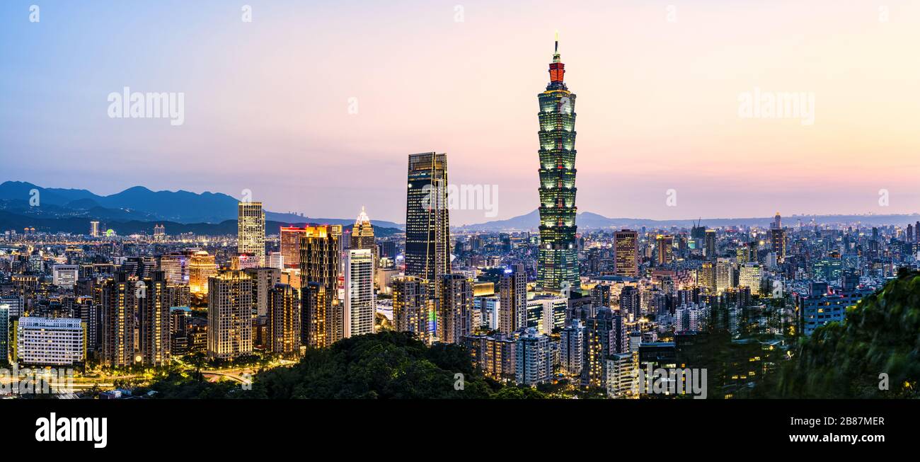 View from above, stunning view of the Taipei City skyline illuminated ...
