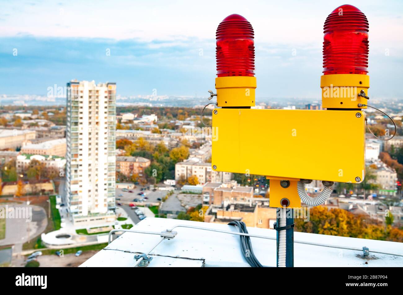 New hight buildings in the city with roofs signal lights and lightning ...