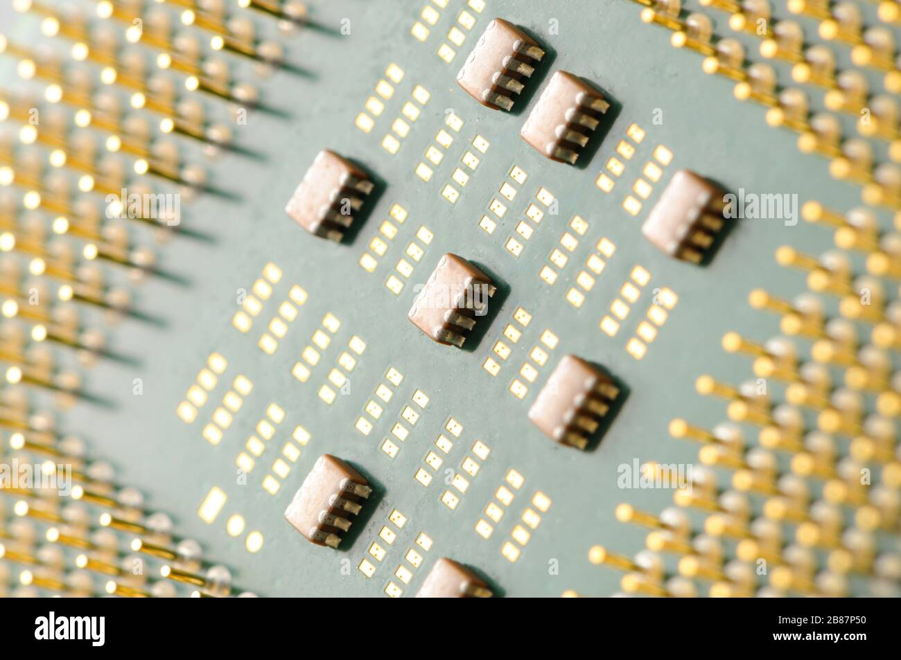 Close-up contacts on the chip. Glitter of internal structures. Computer ...