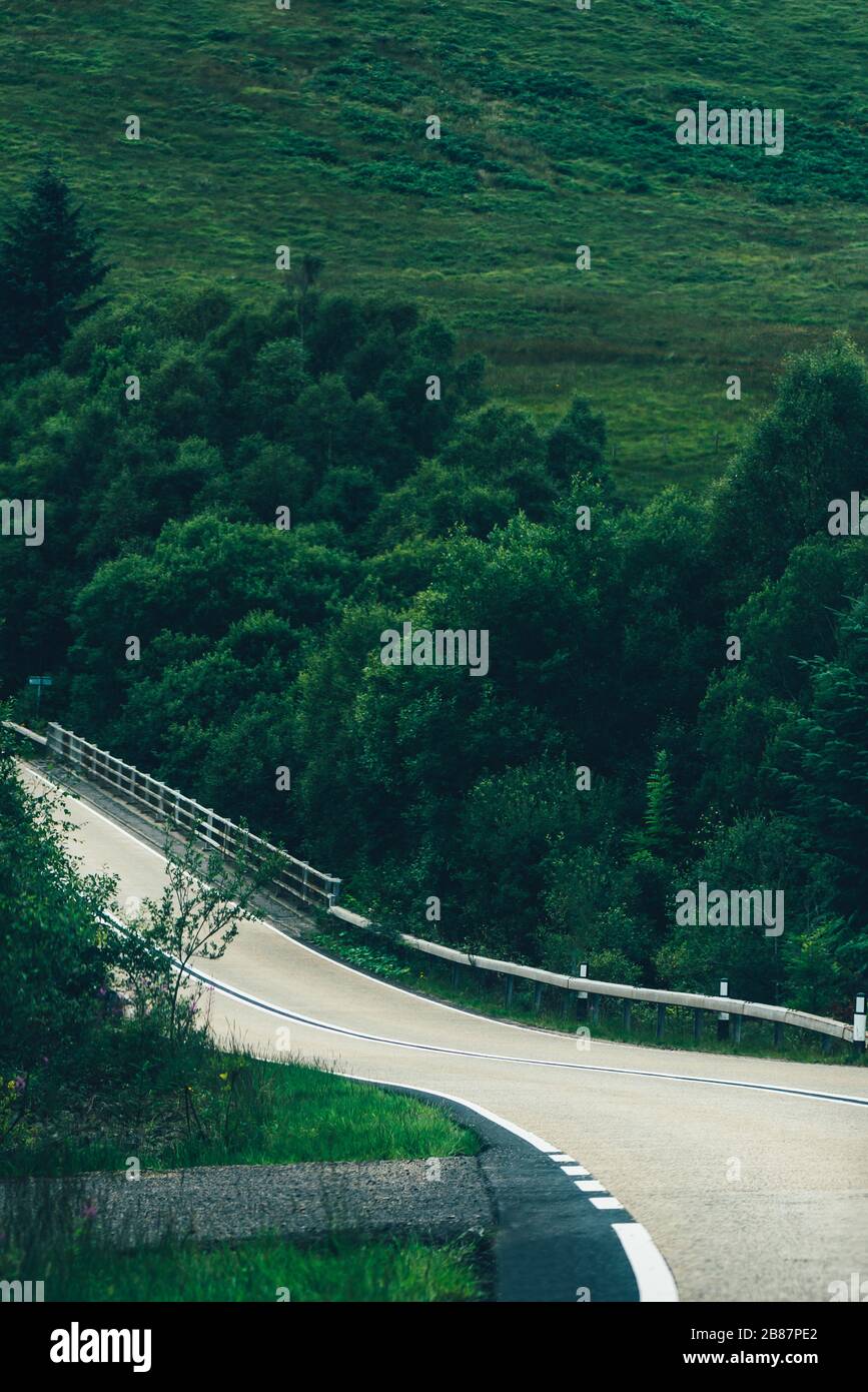 Winding rural road leading through green hills and forest in Scotland ...