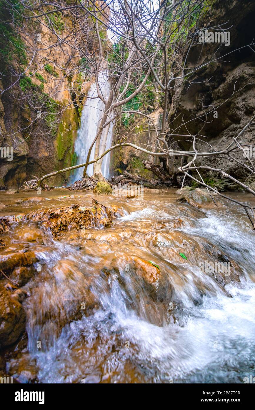 Waterfall in the gorge of Oreino near famous beach of Agia Fotia ...
