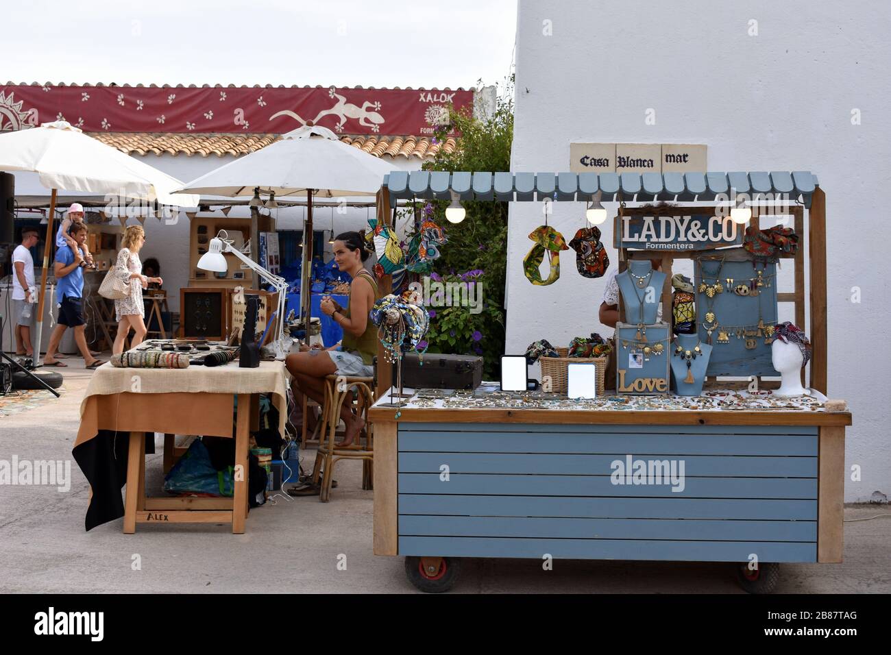 Market stalls at the popular hippie market,El Pilar de la Mola ...
